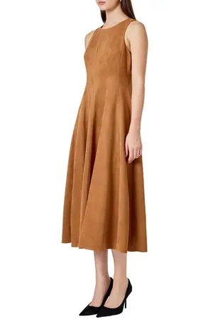Endless Rose Sleeveless Faux Suede Midi A-line Dress - Camel