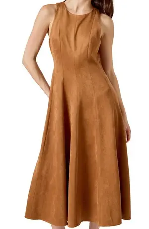 Endless Rose Sleeveless Faux Suede Midi A-line Dress - Camel