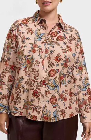 Foxcroft Hampton Autumn Floral Corduroy Button-up Shirt - Camel Multi