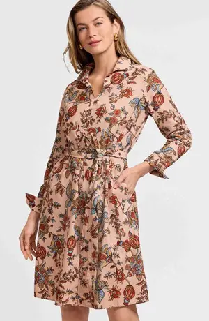 Foxcroft Agnes Autumn Leaf Print Corduroy Belted Dress
