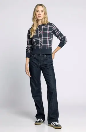 THREAD & SUPPLY Monica Cropped Cardigan - Black Red Plaid