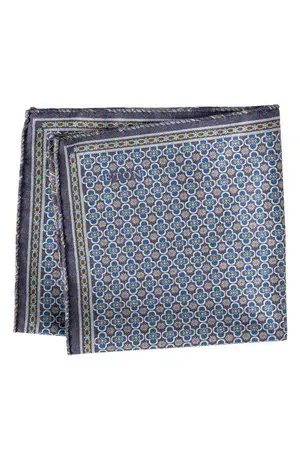 Eton Navy Quatrefoil & Paisley Reversible Wool Pocket Square Medium Blue