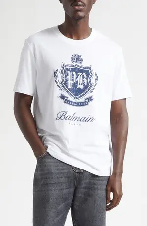 Balmain College Emblem Cotton Graphic T-shirt - White/blue