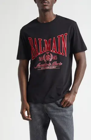 Balmain College Emblem Cotton Graphic T-shirt - Black/red