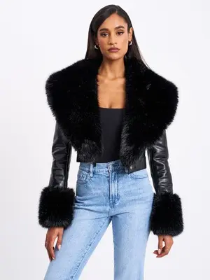 MISS CIRCLE Ziah Cropped Jacket With Fur Collar