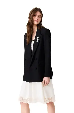 Maje Double-breasted Jacket With Removable Brooch