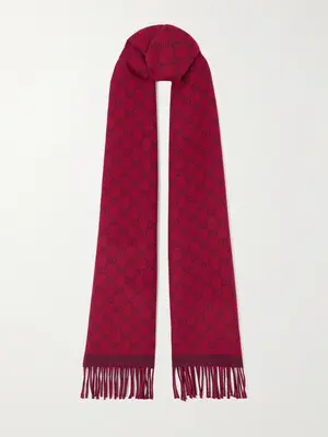 Gucci Fringed Jacquard-knit Nativa Wool Scarf Burgundy