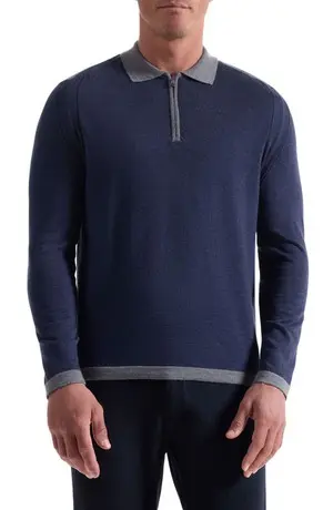 Bugatchi Long Sleeve Merino Wool Quarter Zip Polo Sweater - Navy