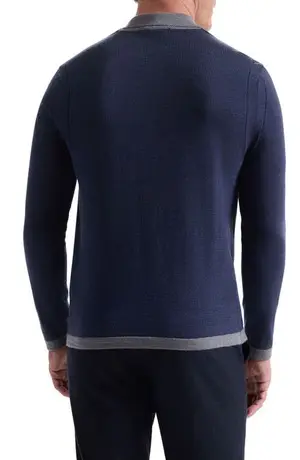 Bugatchi Long Sleeve Merino Wool Quarter Zip Polo Sweater - Navy