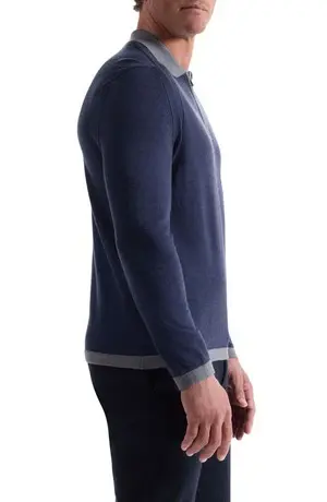 Bugatchi Long Sleeve Merino Wool Quarter Zip Polo Sweater - Navy
