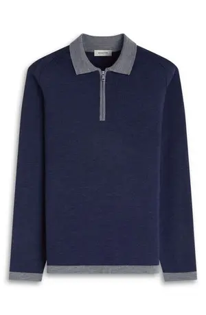 Bugatchi Long Sleeve Merino Wool Quarter Zip Polo Sweater - Navy