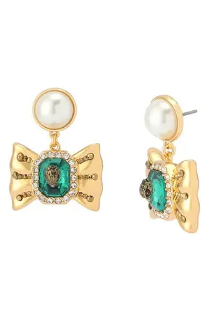 Kurt Geiger Faux Pearl Bow Drop Earrings - Gold/green