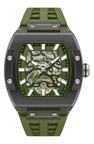 KENNETH COLE Skeleton Tonneau Automatic Silicone Strap Watch - Green