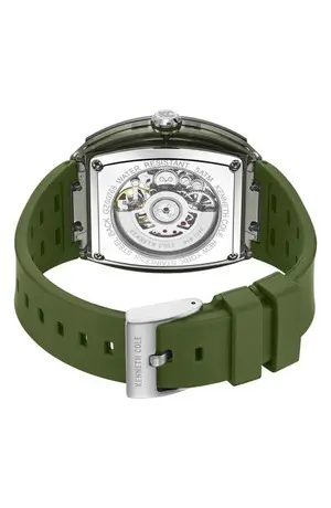 KENNETH COLE Skeleton Tonneau Automatic Silicone Strap Watch - Green