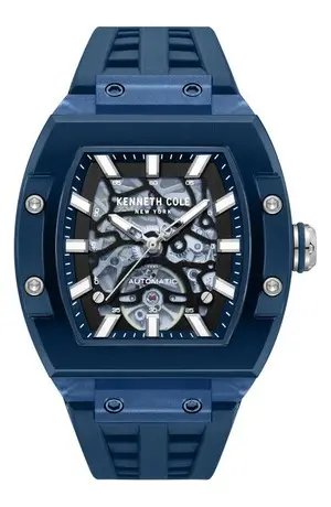 KENNETH COLE Skeleton Tonneau Automatic Silicone Strap Watch - Navy