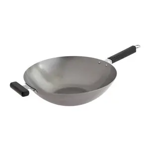 JOYCE CHEN Uncoated Carbon Steel Flat Bottom Wok With Phenolic Handles - Metallic Silver