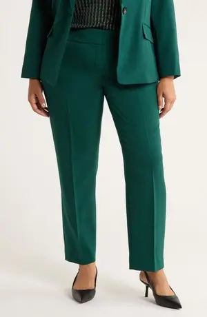 KASPER Flat Front Slim Trousers - Evergreen