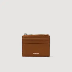 Sandro Grained Leather Zip Card Holder - Cognac