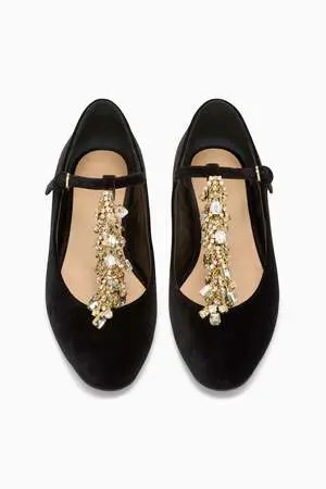 Ulla Johnson Bianca Crystal T-strap Ballerina - Noir