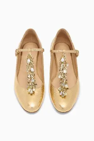 Ulla Johnson Bianca Crystal T-strap Ballerina - Gold Python