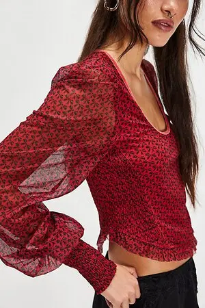 Free People Dottie Printed Long Sleeve Knit Top - Salsa