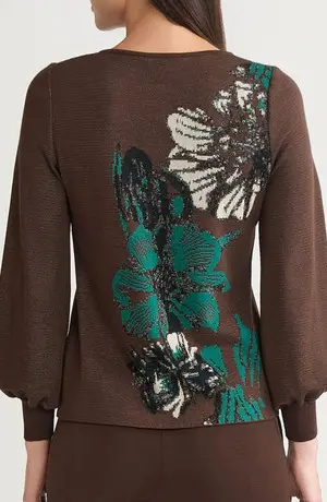 Ming Wang Floral Jacquard Crewneck Sweater