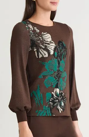 Ming Wang Floral Jacquard Crewneck Sweater