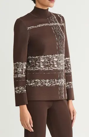 Ming Wang Stripe Jacquard Mock Neck Knit Tunic