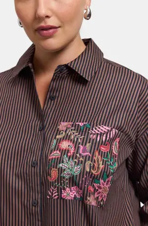 Foxcroft Marina Contrast Pocket Stripe Cotton Poplin Button-up Shirt - Brown Multi