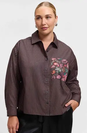 Foxcroft Marina Contrast Pocket Stripe Cotton Poplin Button-up Shirt - Brown Multi