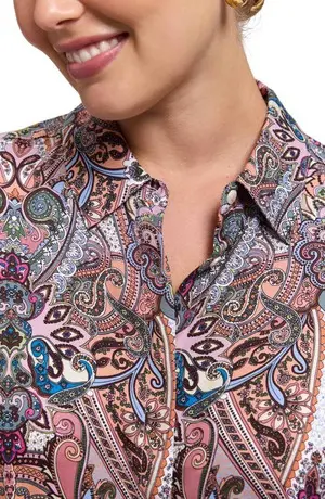 Foxcroft Olivia Paisley Smocked Cuff Button-up Shirt