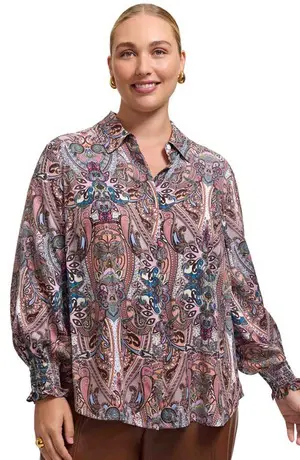 Foxcroft Olivia Paisley Smocked Cuff Button-up Shirt