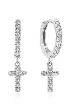 CRISLU Pavé Cross Huggie Hoop Earrings - Pure Platinum/clear Stone