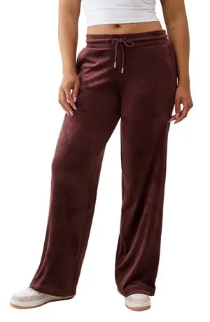 True Religion Rhinestone Velour Straight Leg Drawstring Pants - Fudge