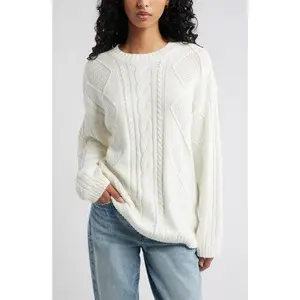Bp. Cabled Oversized Cotton-blend Crewneck Sweater - Ivory