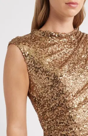 Anne Klein Draped Sleeveless Sequin Sheath Midi Dress - Gold