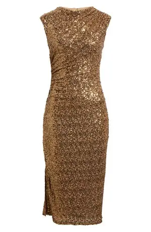Anne Klein Draped Sleeveless Sequin Sheath Midi Dress - Gold