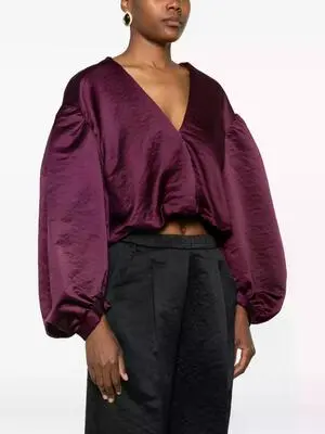 FORTE_FORTE Balloon-sleeve V-neck Top - Red