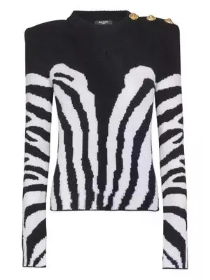 Balmain Zebra-pattern Padded-shoulder Sweater - Black