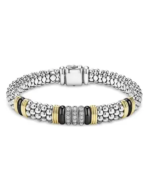 Lagos 18k Yellow Gold & Sterling Black Caviar Diamond & Black Ceramic Station Bracelet - Silver