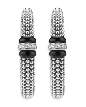 Lagos Sterling Diamond And Caviar Beaded Hoop Earrings