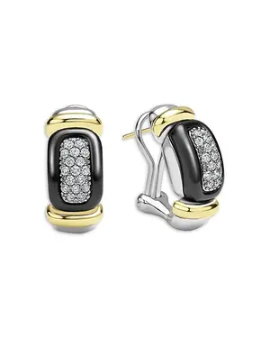 Lagos Diamond & Black Ceramic Huggie Earrings - Silver