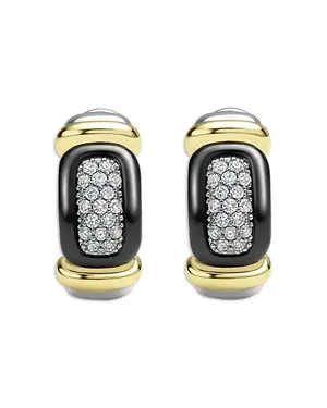 Lagos Diamond & Black Ceramic Huggie Earrings - Silver