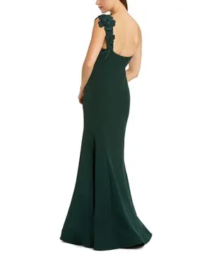 Mac Duggal Crepe One-shoulder Beaded Flower Mermaid Gown