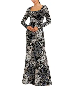 Mac Duggal Embroidered Velvet Scoop Neck Gown - Black Multi