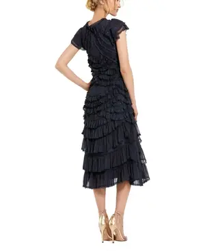 Mac Duggal High Neck Ruffle Mesh Midi Dress