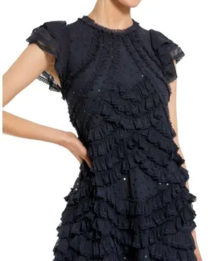 Mac Duggal High Neck Ruffle Mesh Midi Dress