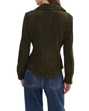 LAMARQUE Ruched Collared Suede Shirt - Dark Olive