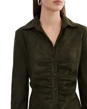 LAMARQUE Ruched Collared Suede Shirt - Dark Olive