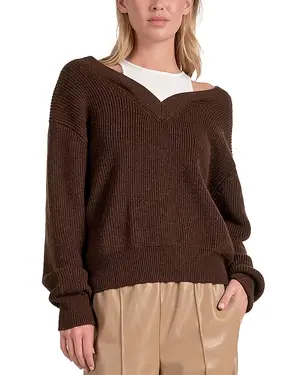 Elan Deep V-neck Pullover Sweater - Brown/ White